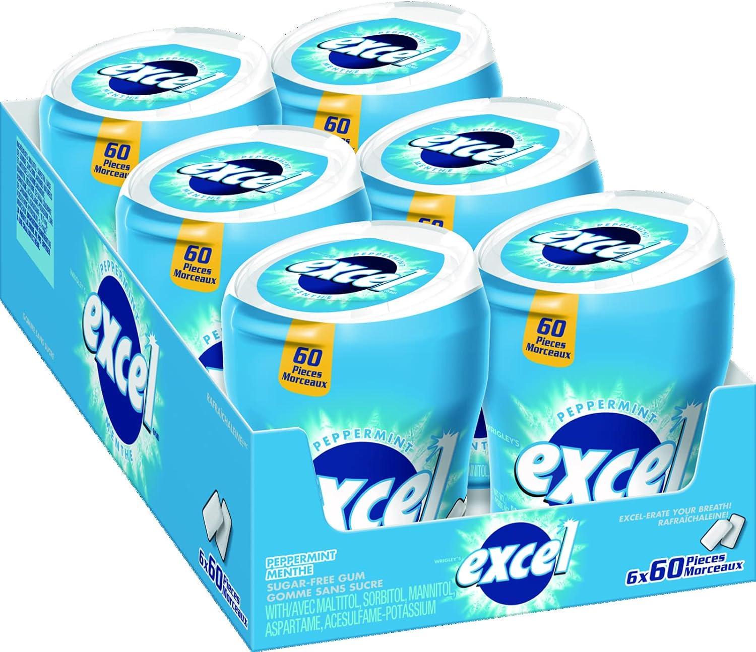 EXCEL Peppermint Flavoured Sugar Free Chewing Gum 60 Pieces 6 Bottles ...