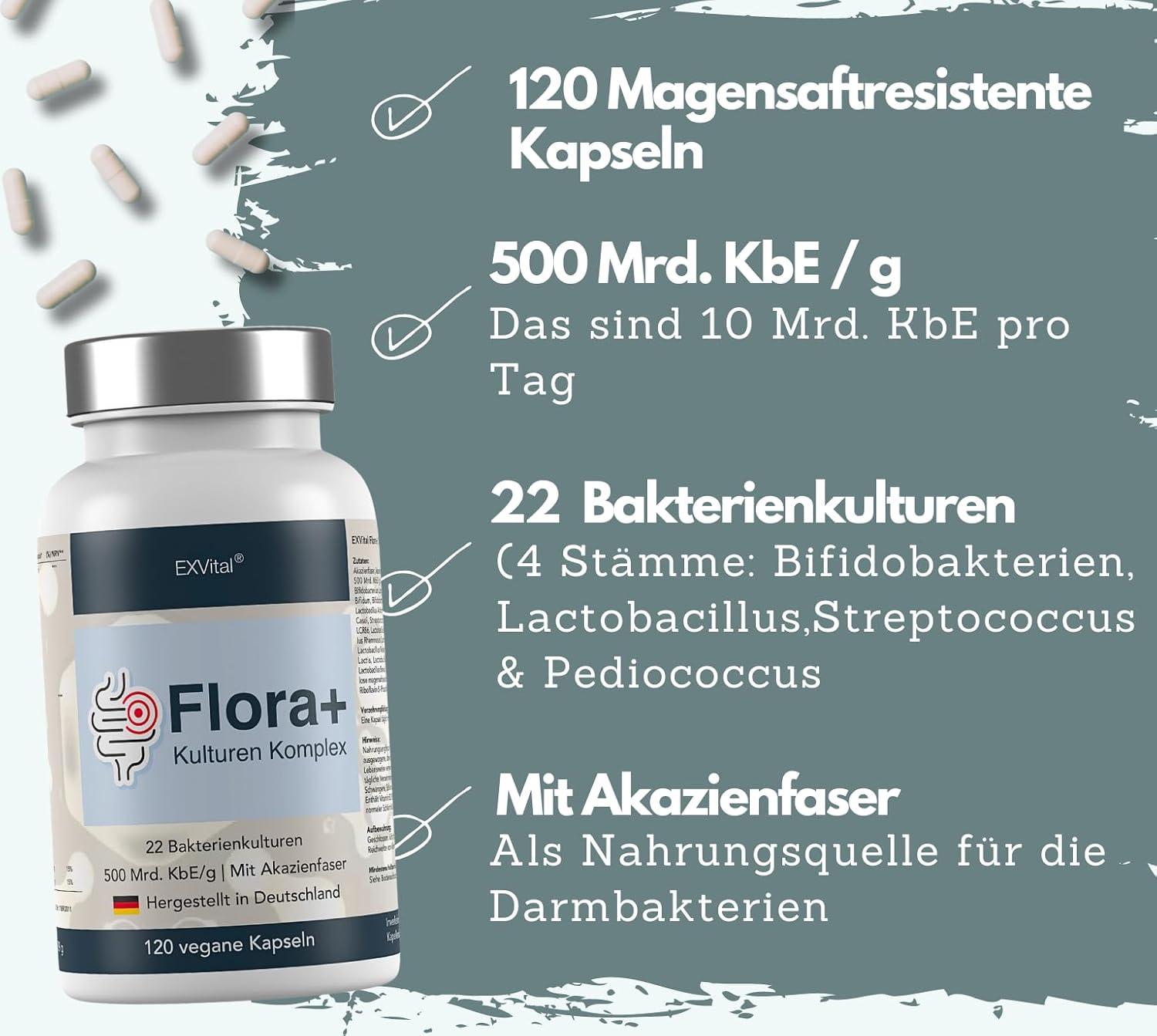 Exvital Flora+ 500 Billion KBE/g - 22 Vegan Probiotic Cultures with ...