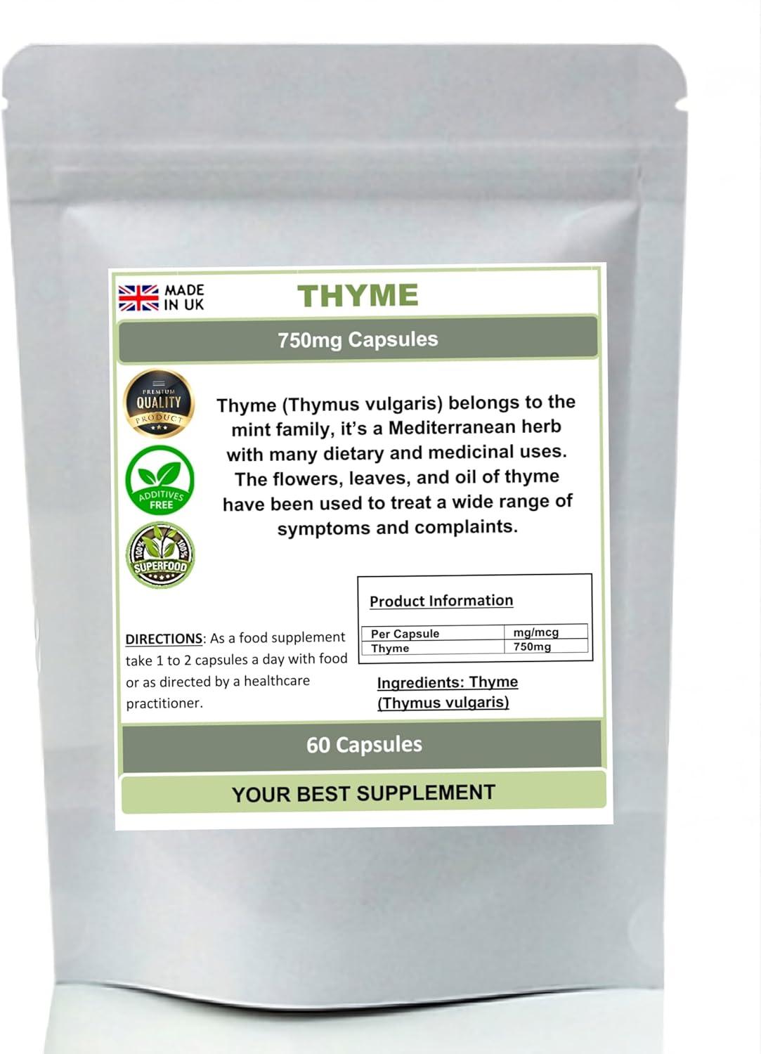 Thyme Capsules 750mg Thymus vulgaris 100% Natural 60 Capsules | Buy Now ...