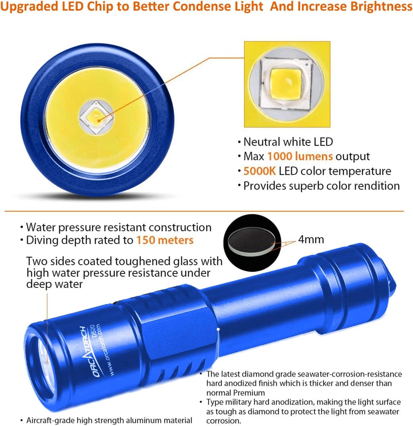 ORCATORCH D520 Scuba Dive Light - 1000 Lumens Waterproof Diving Torch ...