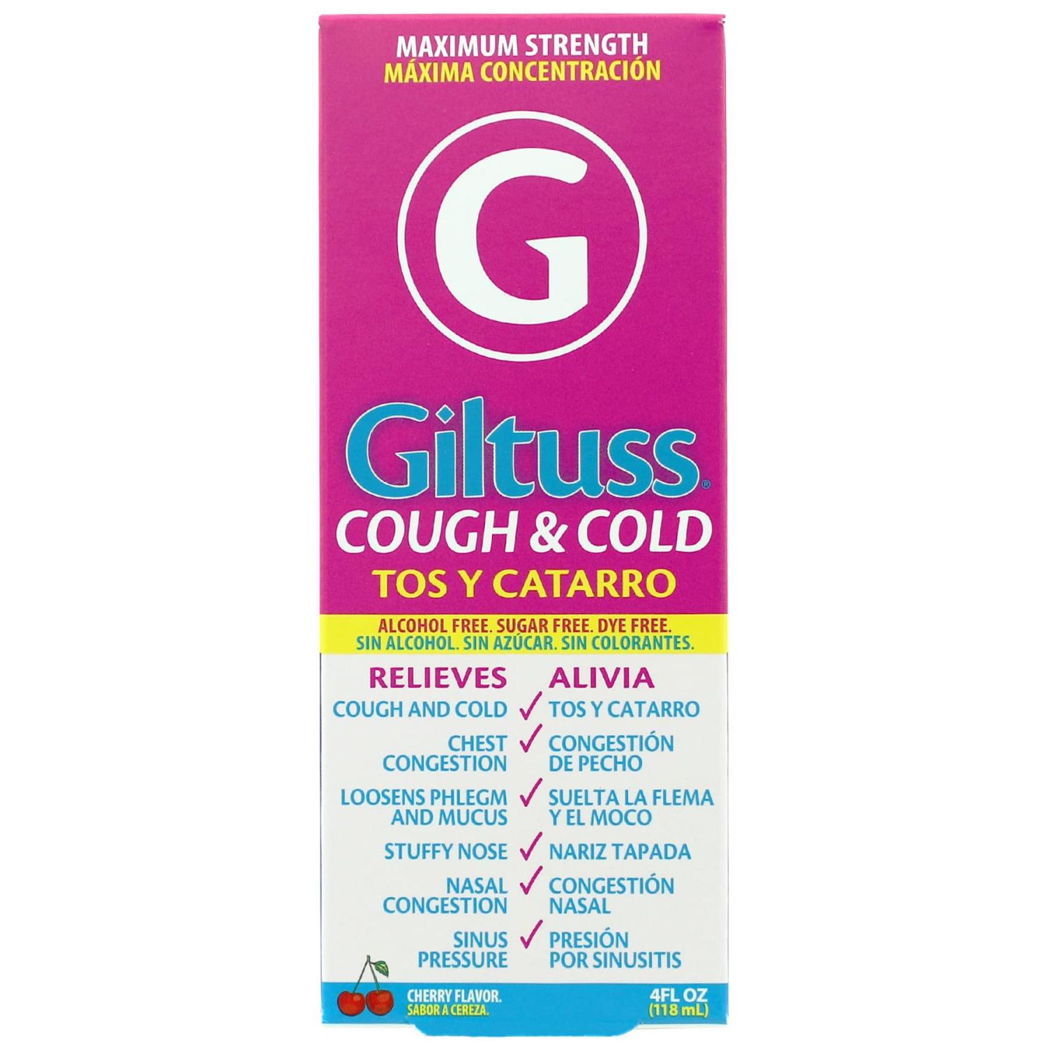 Giltuss Cough and Cold Syrup Maximum Strength Cherry Flavor - 4 Fl Oz ...