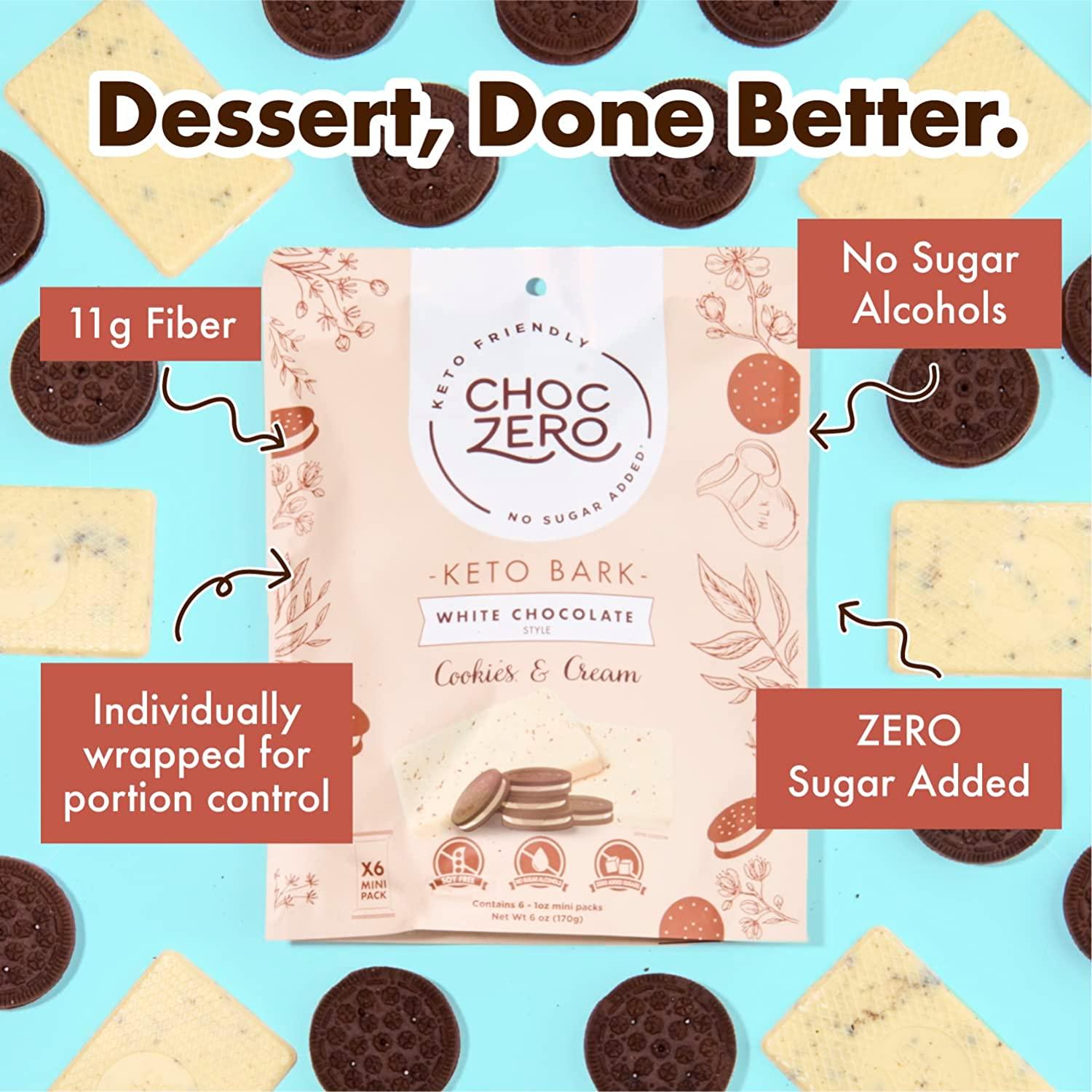 ChocZero Keto Cookies & Cream Candy Bar - White Chocolate Fudge Bark (2 ...