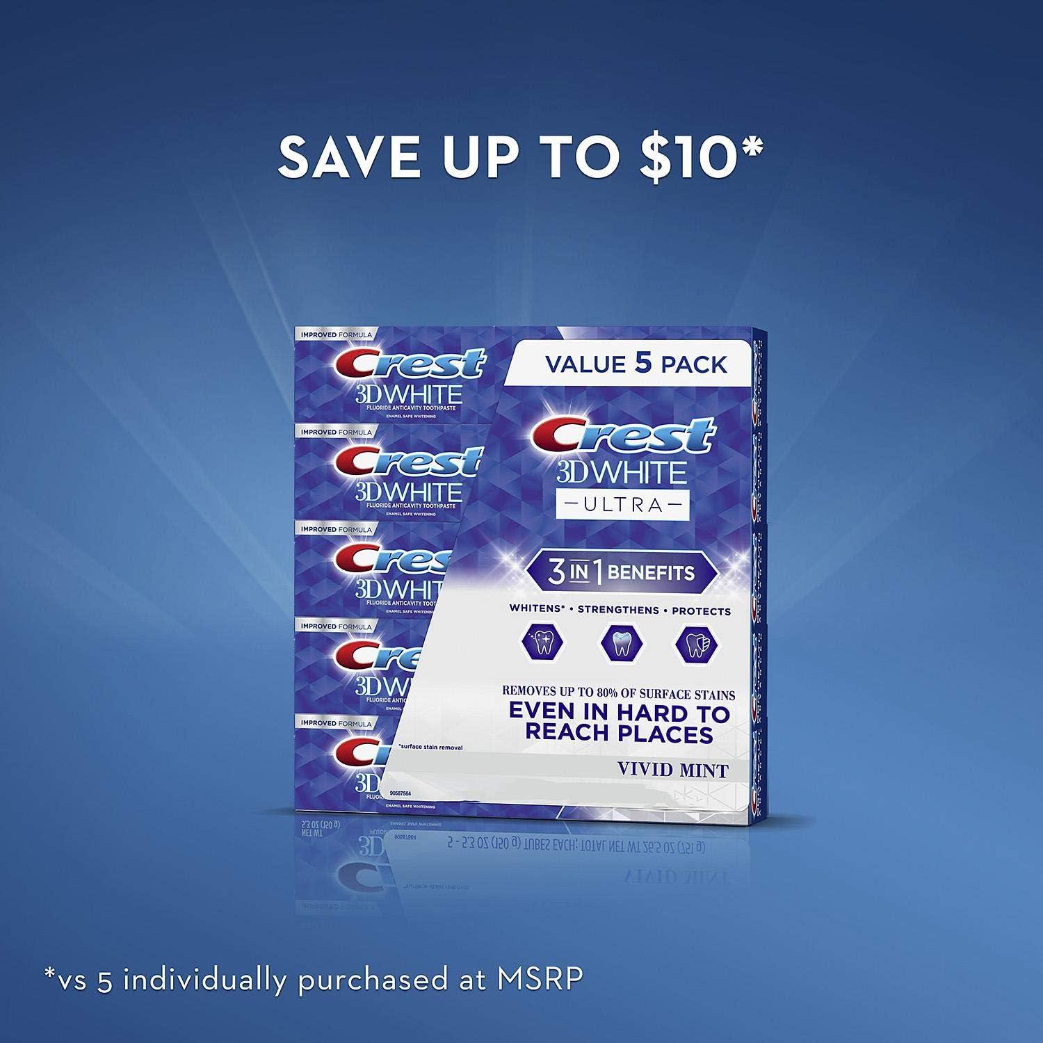 Crest 3D White Ultra Whitening Toothpaste, Vivid Mint, 5.3 oz (Pack of ...