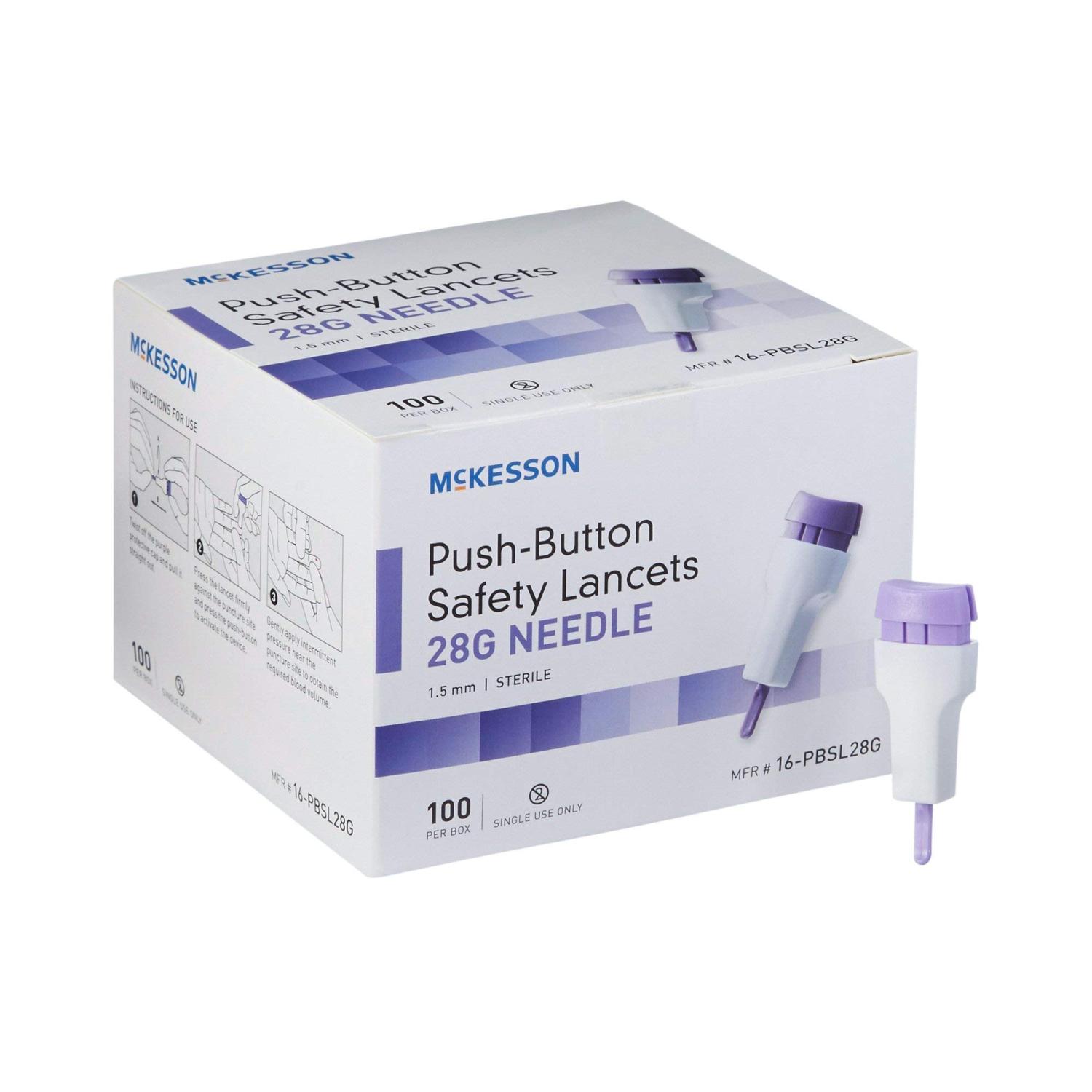 McKesson Safety Lancets 28G Sterile Push-Button Needle 1.5mm - 100 ...