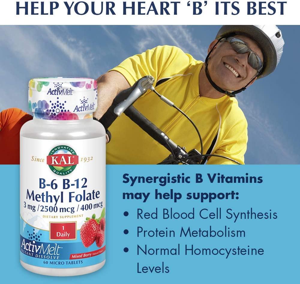 KAL B-6 B-12 Methyl Folate 60 Micro Tablets - Mixed Berry | 3mg B6, 2500mcg B12, 400mcg Folate ...