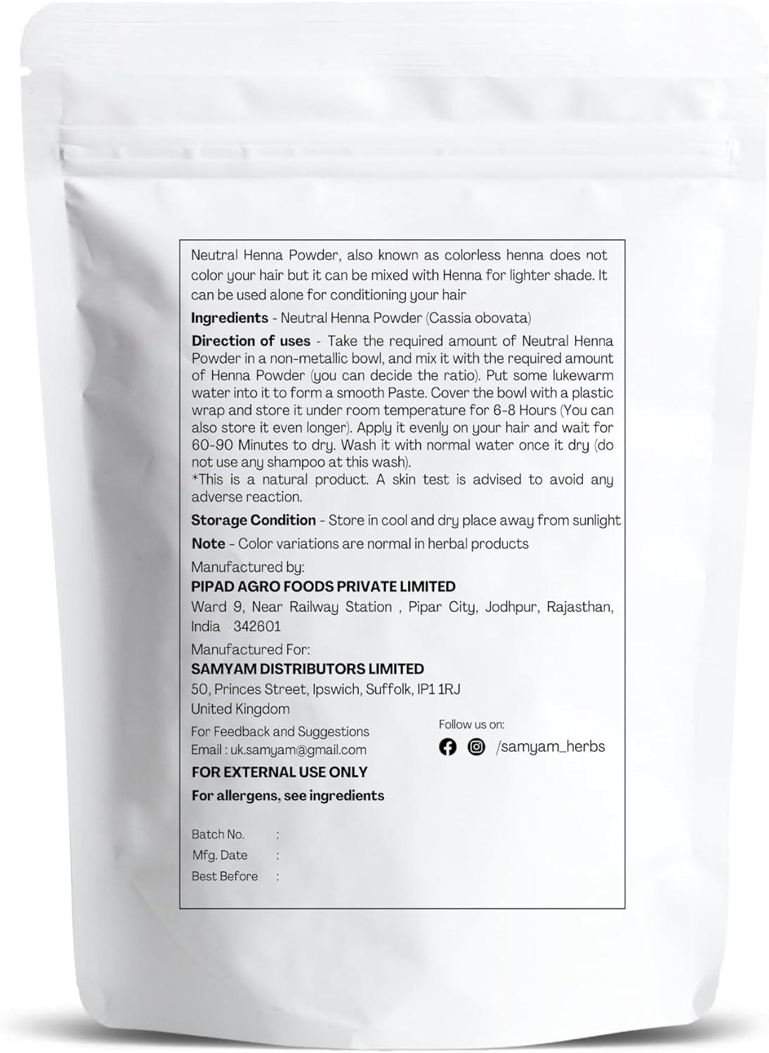 SAMYAM Neutral Henna Powder/COLORLESS Henna/Cassia Henna - 500g Pack ...