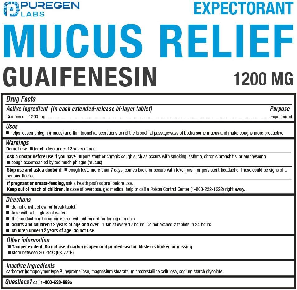Puregen Labs Mucus Relief 12 Hour Extended Release Guaifenesin 1200mg ...