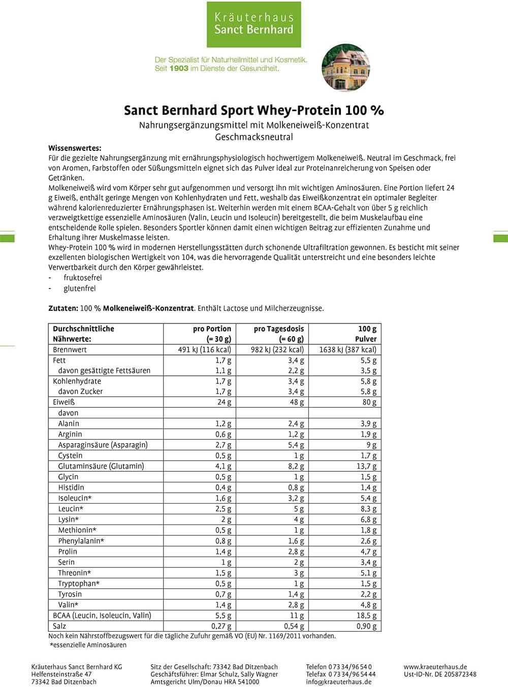 Sanct Bernhard Sport Whey Protein 100% | 1.2 kg | Gluten-Free ...