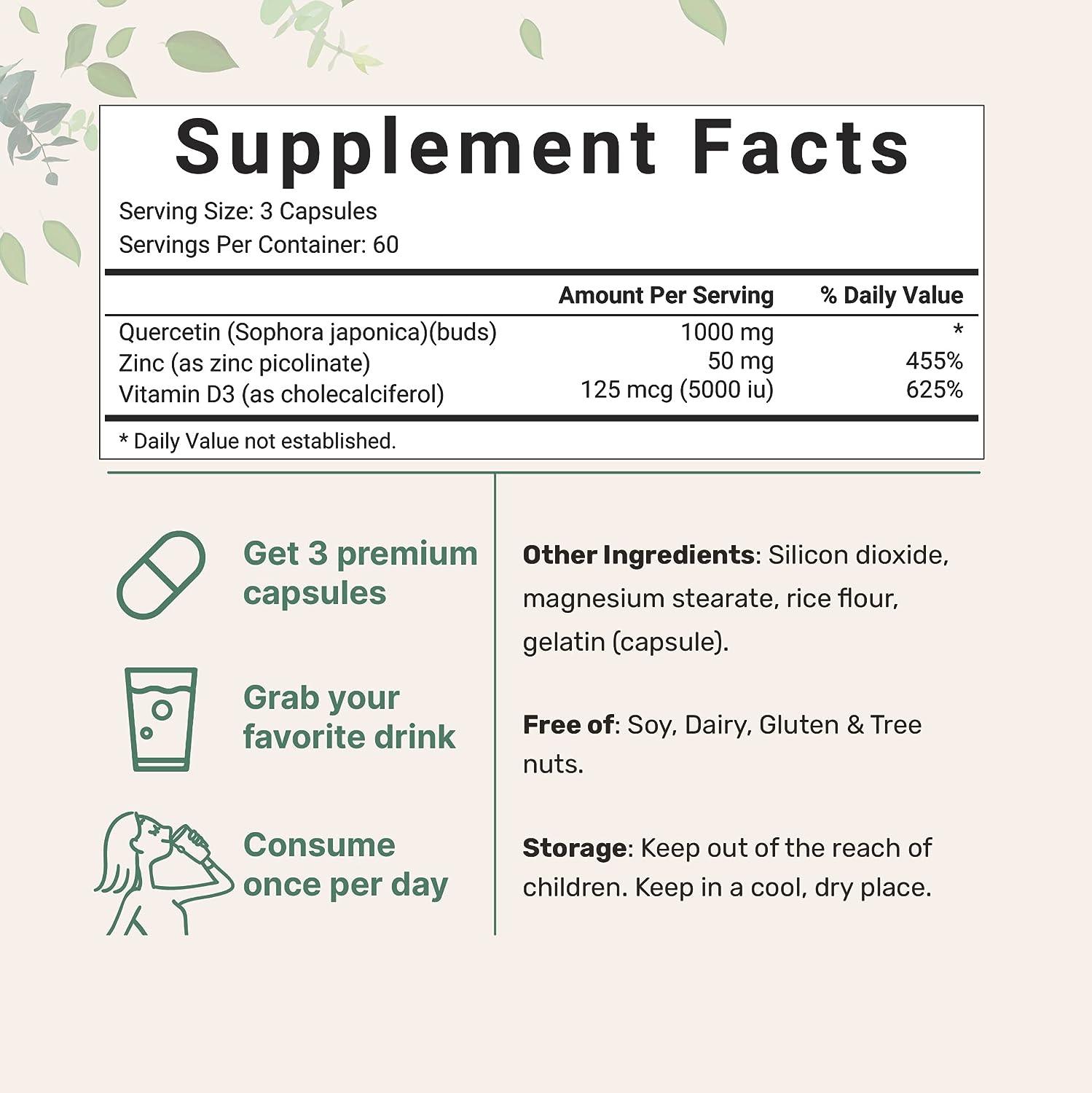 Micro Ingredients Quercetin 1000mg with Zinc 50mg and Vitamin D3 5000 ...