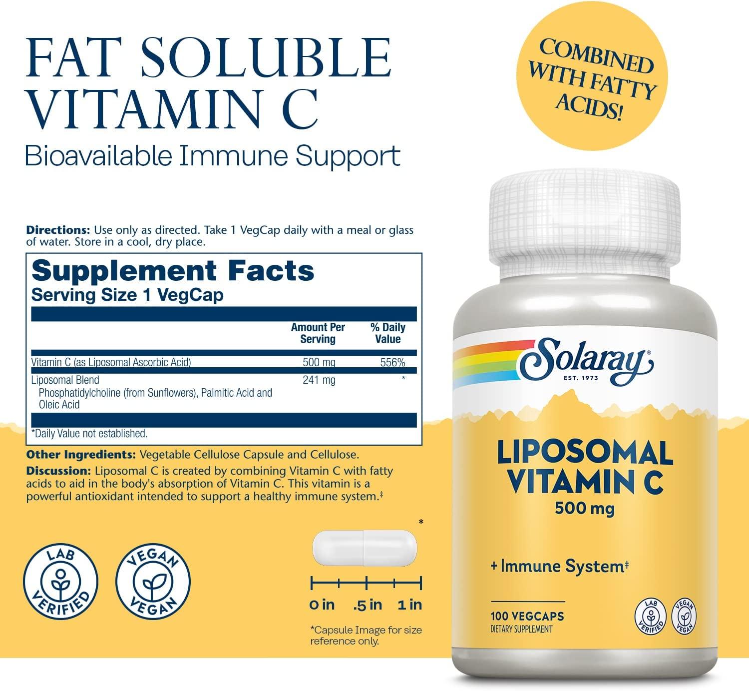 Buy Solaray Liposomal Vitamin C 500 mg - 100 VegCaps for Enhanced Absorption