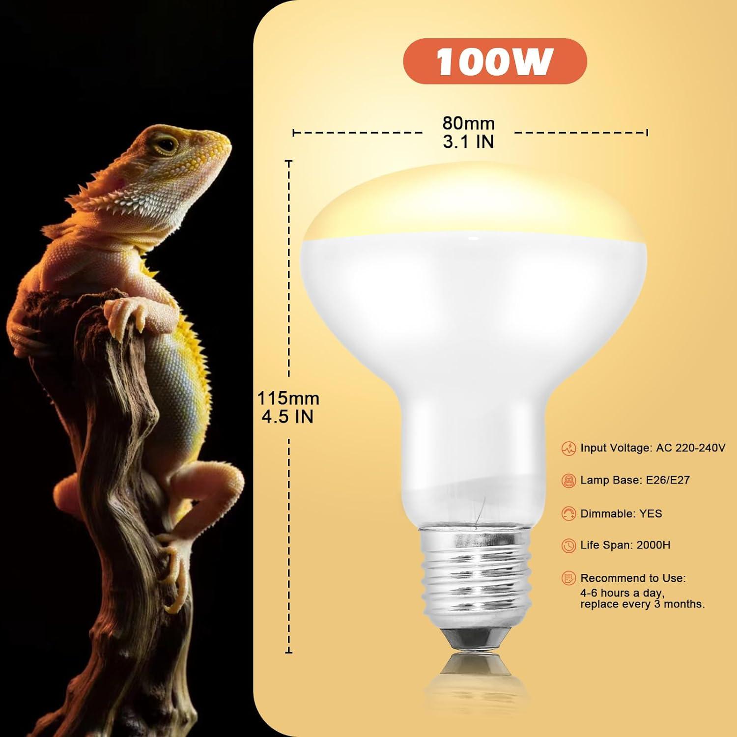 2 Pack 100W Reptile Heat Lamp Bulb E27 Tortoise Basking Light Bulb ...