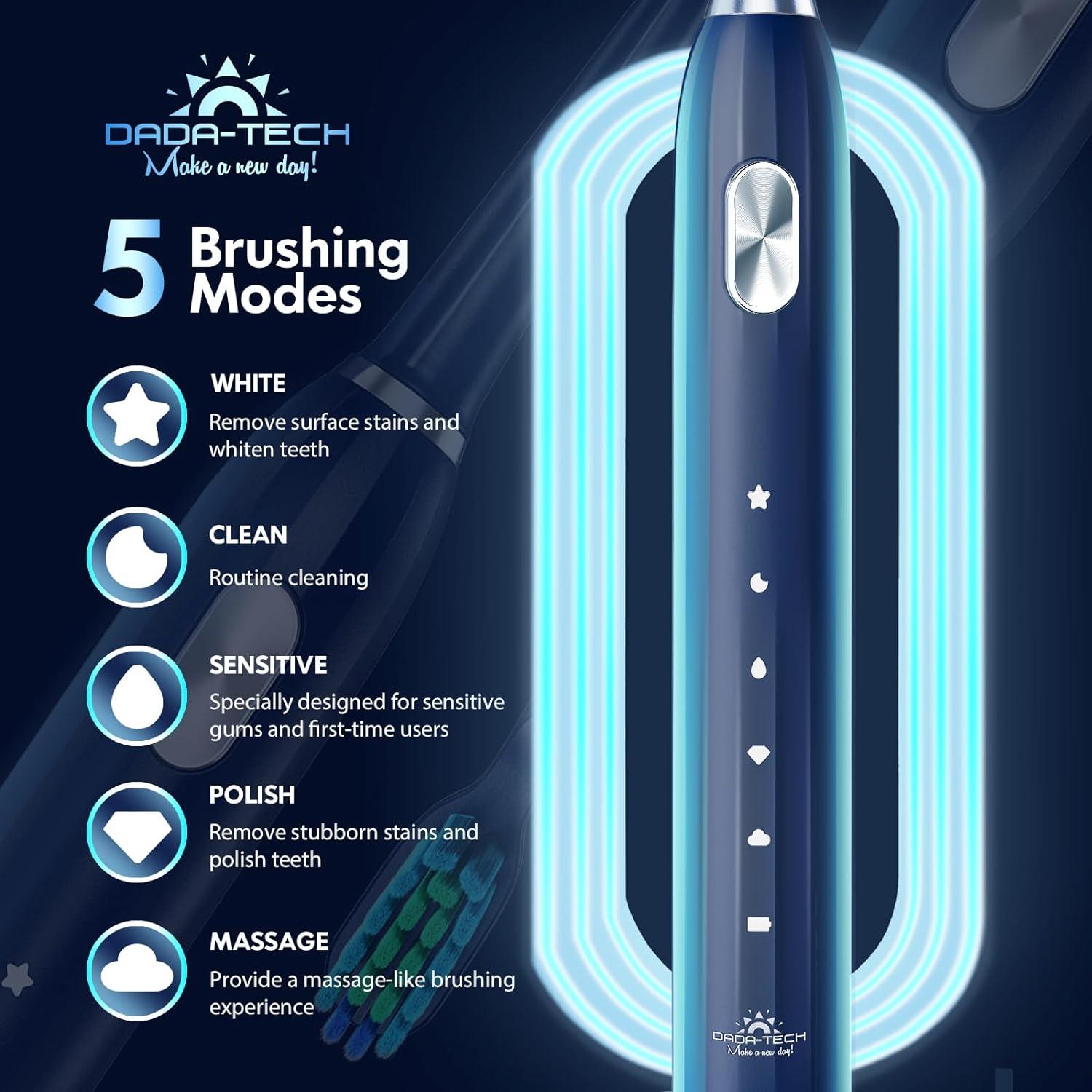 Dada-Tech Electric Toothbrush for Adults | Sonic & Rechargeable with 5 ...
