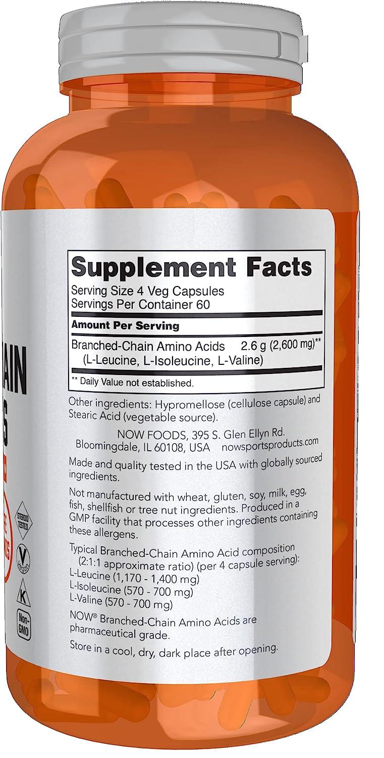 NOW Sports Nutrition BCAAs 240 Veg Capsules - Leucine, Isoleucine ...