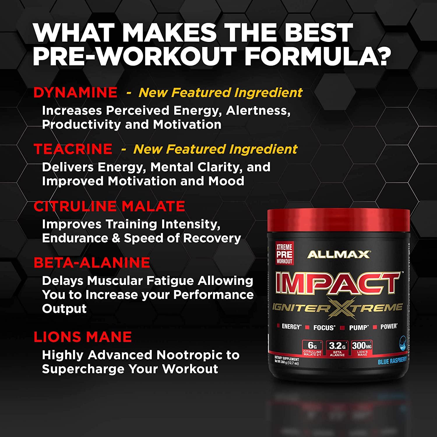 ALLMAX IMPACT Igniter Pre-Workout Blue Raspberry 11.6 oz | Boost Energy ...