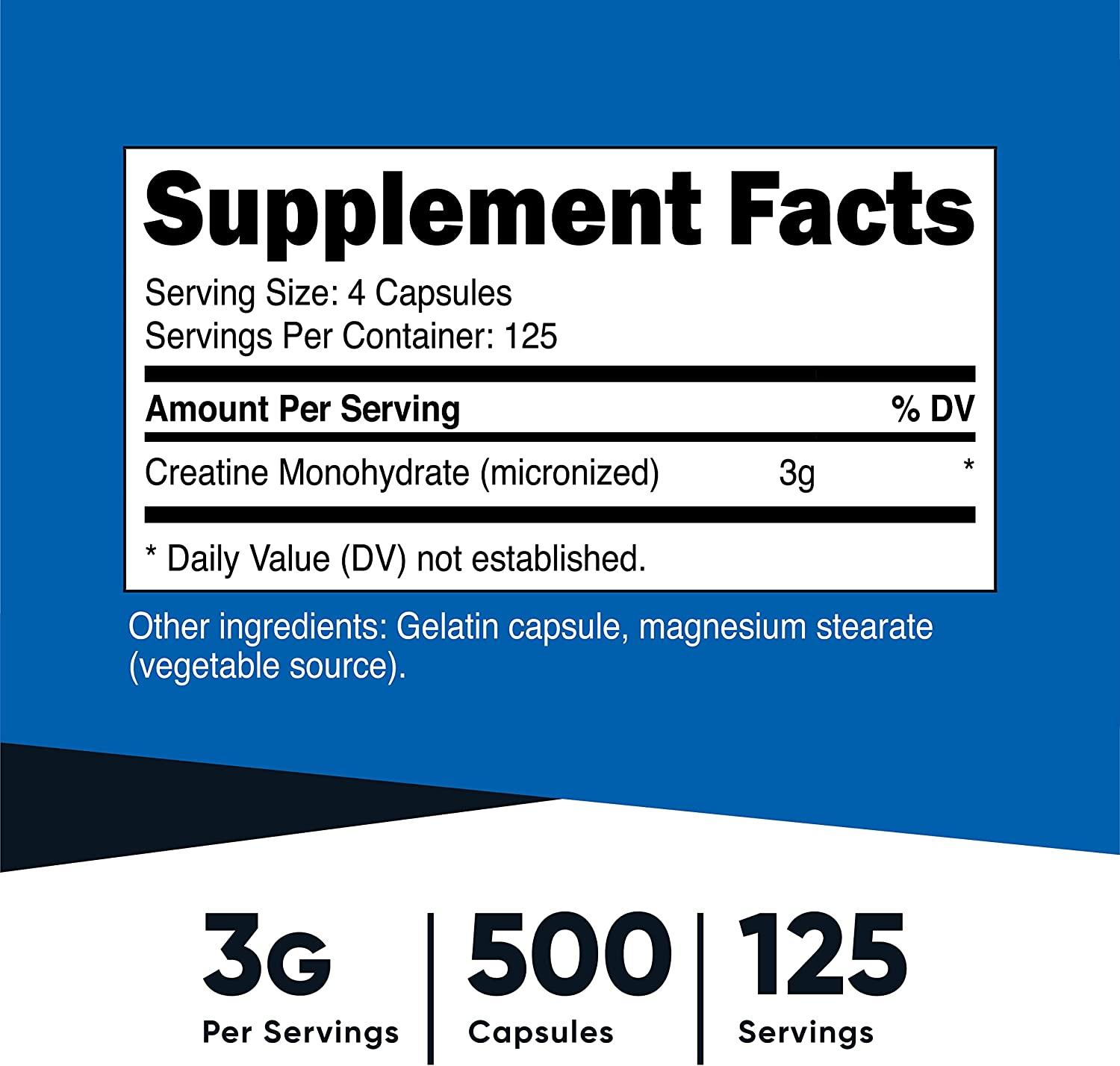 Nutricost Creatine Monohydrate 3000mg 500 Capsules - 125 Servings ...