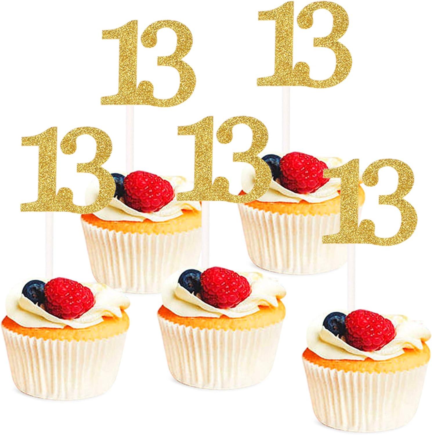 Unimall 20 Pieces Number 13 Cupcake Toppers Gold Glitter 13th Birthday ...