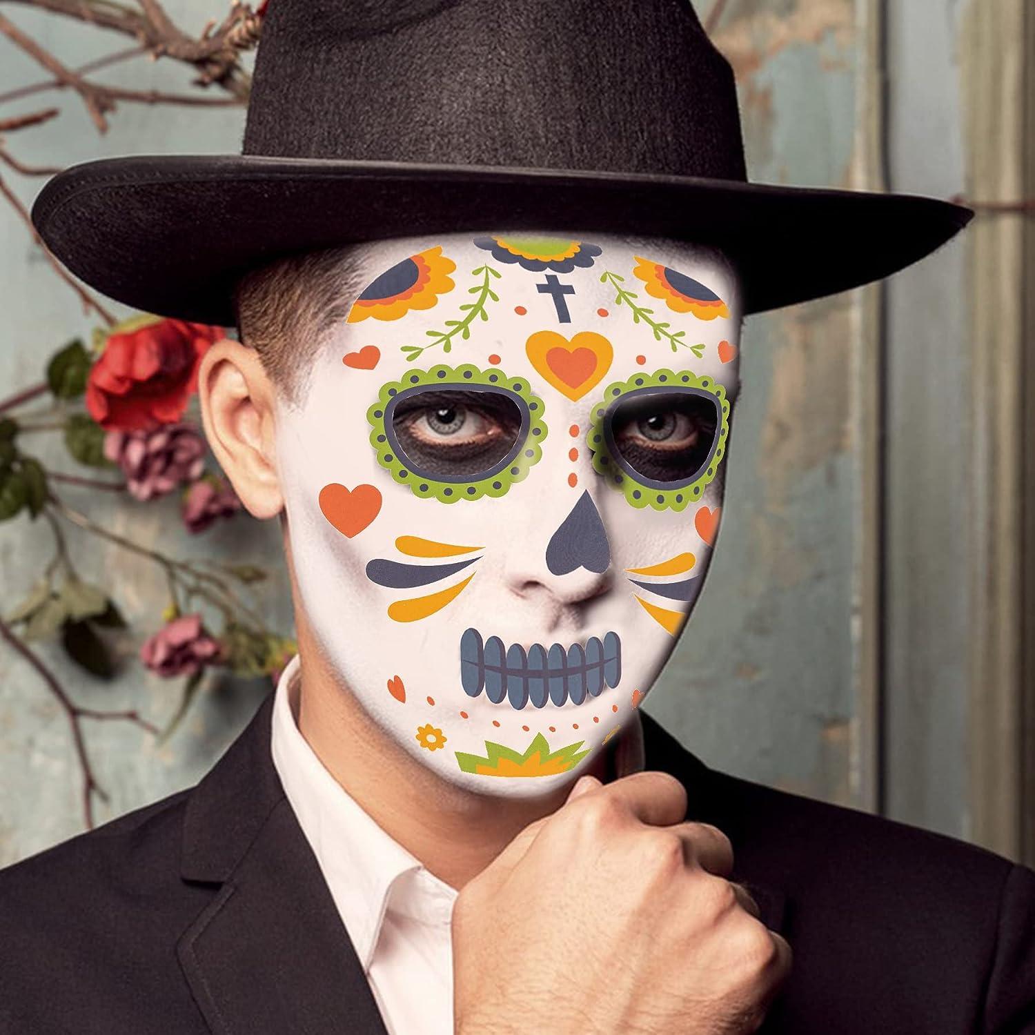 Day of the Dead Face Tattoos - 10 Sugar Skull Floral Designs for Halloween Party - Temporary ...