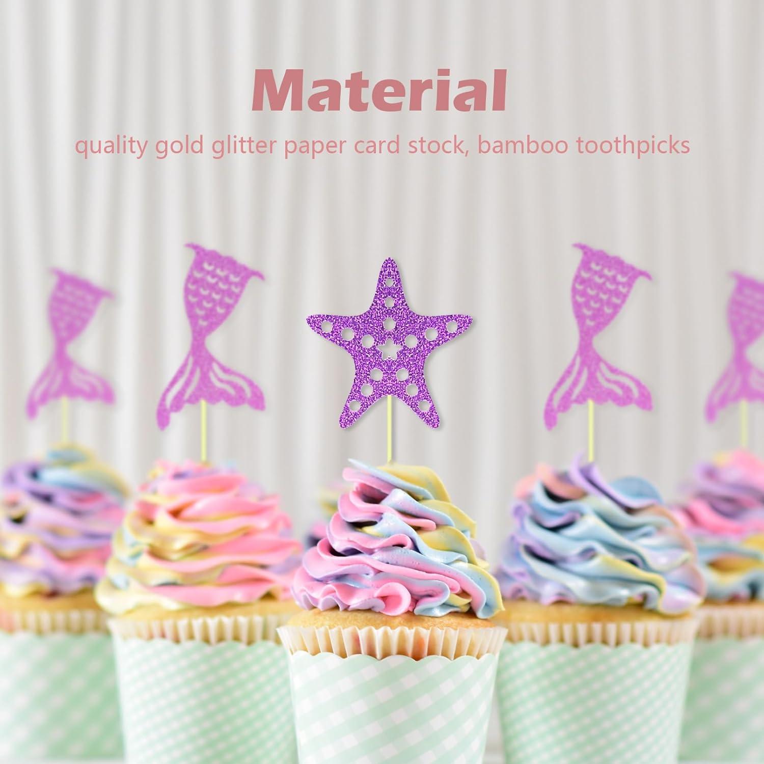 MUOVERN 24pcs Mermaid Cupcake Wrappers Toppers Glitter Mermaid Happy ...