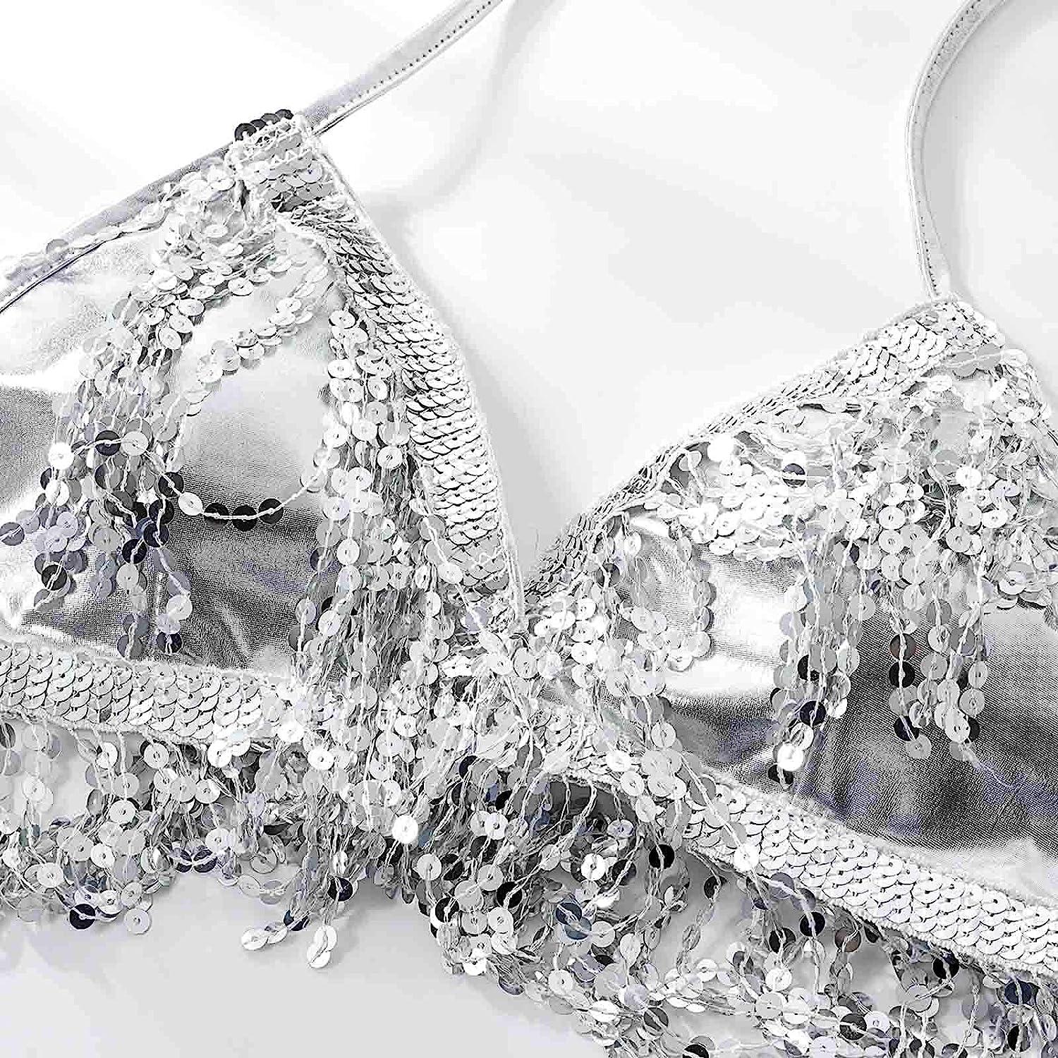 KAKACO Silver Sequin Belly Dance Skirt and Crop Top Set for Women and ...