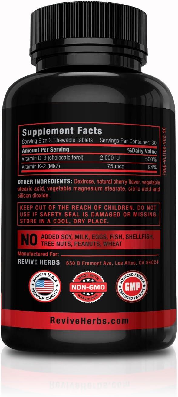 Revive Herbs Vitamin K2 D3 Cherry Flavored Chewable Tablets - Supports ...