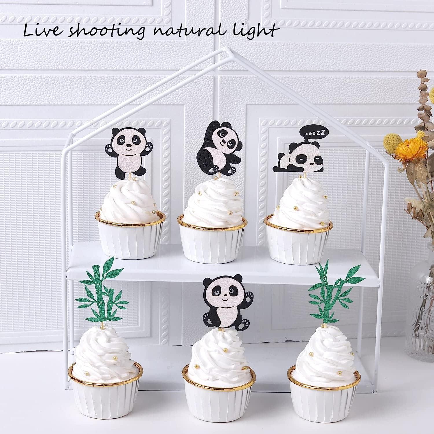 24 Panda Glitter Green Bamboo Cupcake Toppers - Cute Animal Cake ...