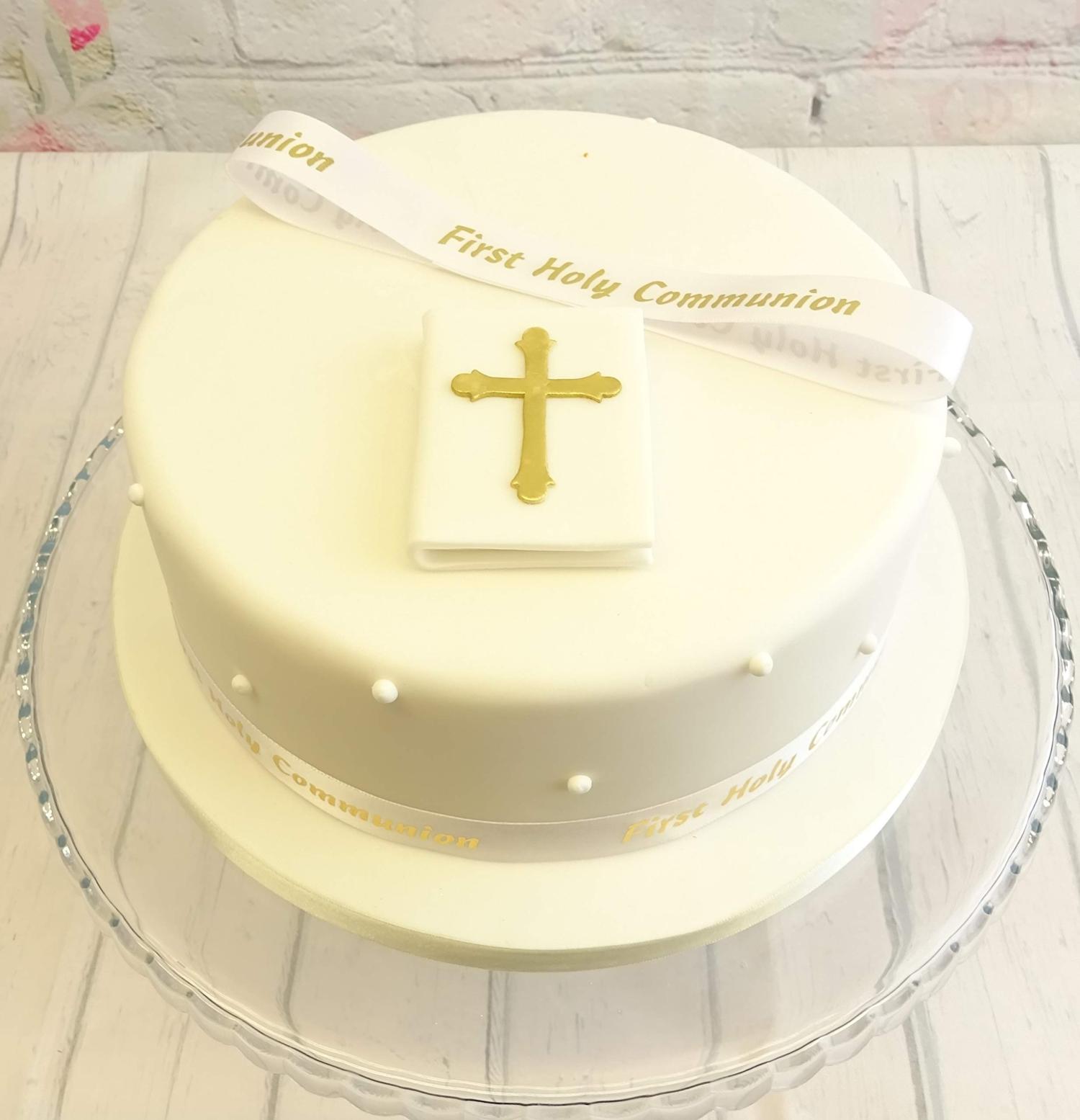 First Holy Communion Edible Gold Cross Bible & Ribbon Cake Decoration ...