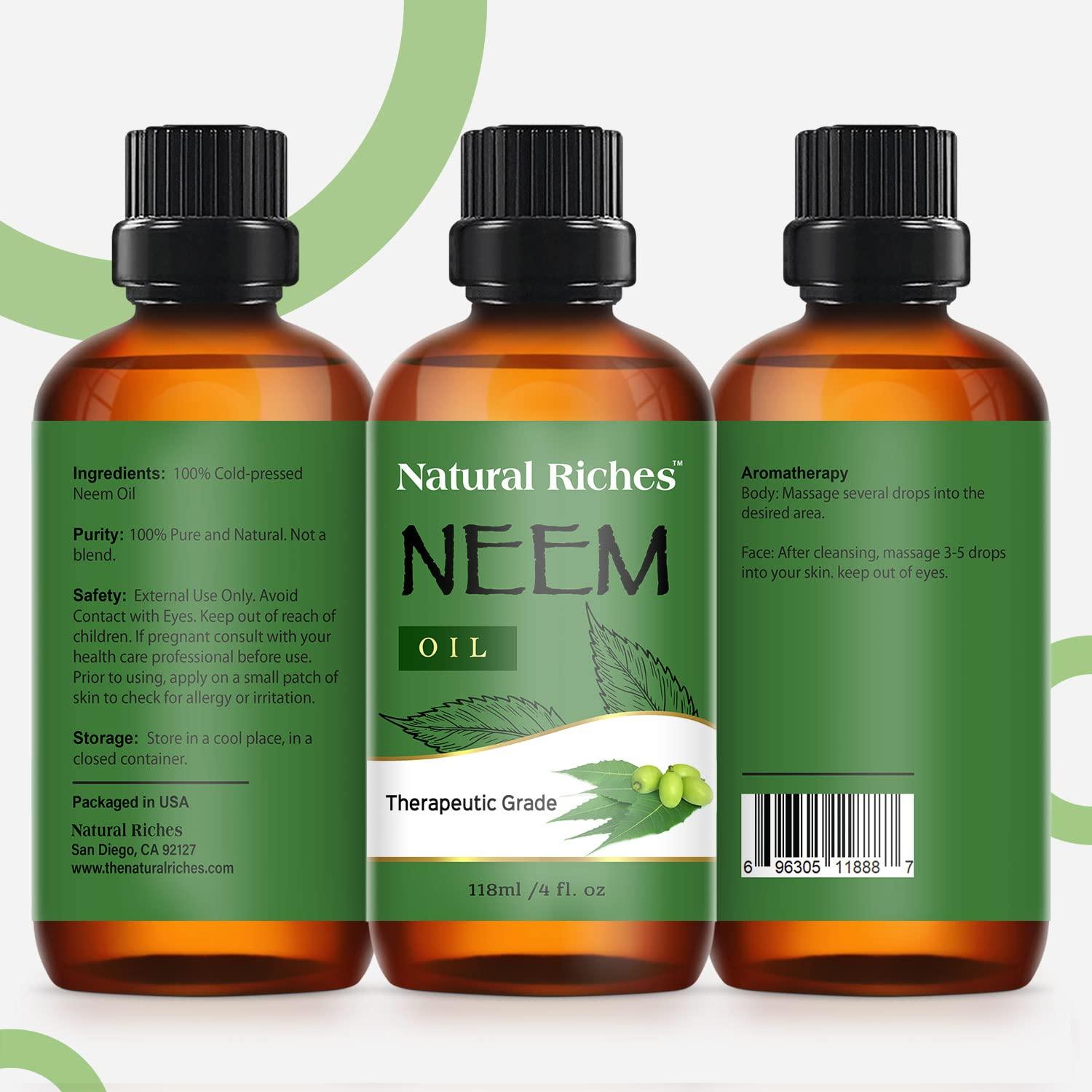 Natural Riches Neem Oil 100% Pure - Cold Pressed for Skin, Hair, Nails, Acne, Anti-Aging ...