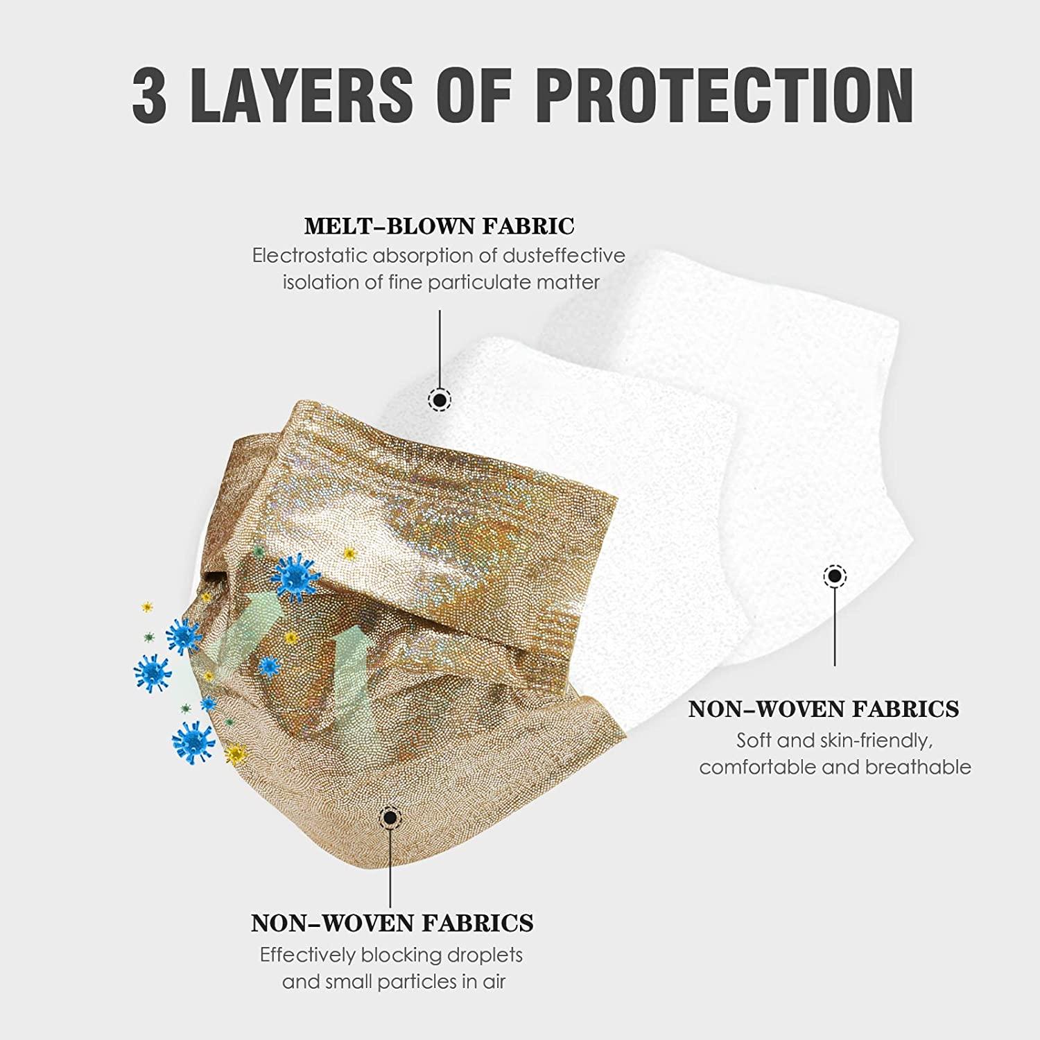 Sparkly Glitter Printed Face Masks for Women - 50 Pcs, 3 Ply Disposable ...