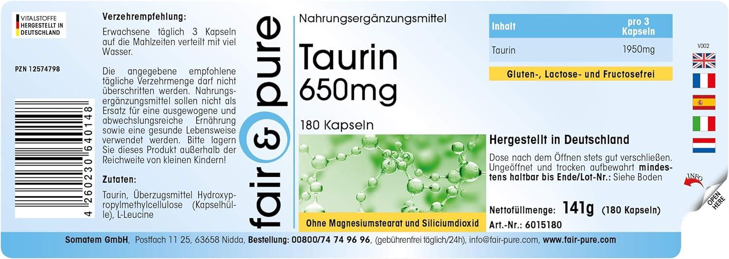 Fair & Pure Taurine 650mg Vegan Capsules - 180 High-Dose Taurine ...