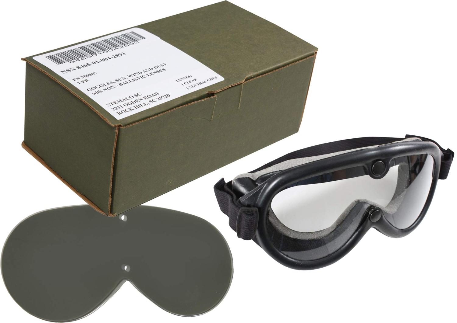 Genuine US Army GI Sun Wind & Dust SWDG Military Goggles - Black with 2 ...