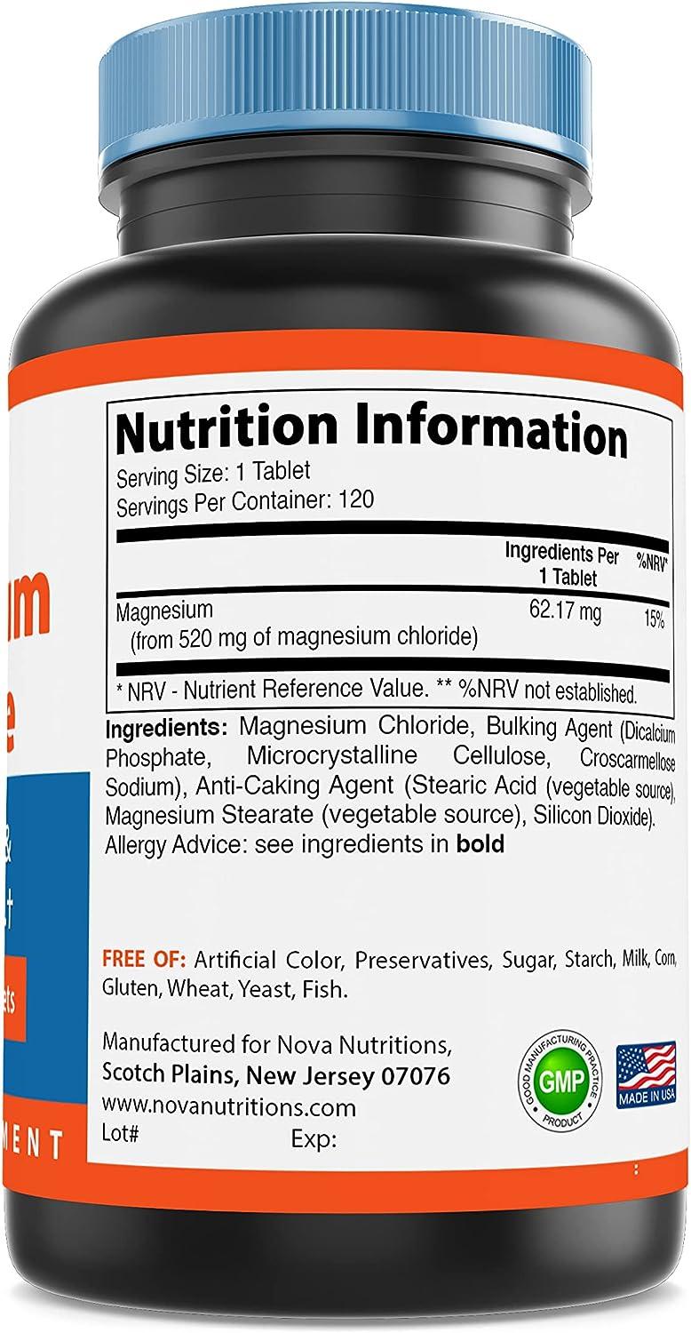 Nova Nutritions Magnesium Chloride 520mg - 120 Tablets for Healthy ...