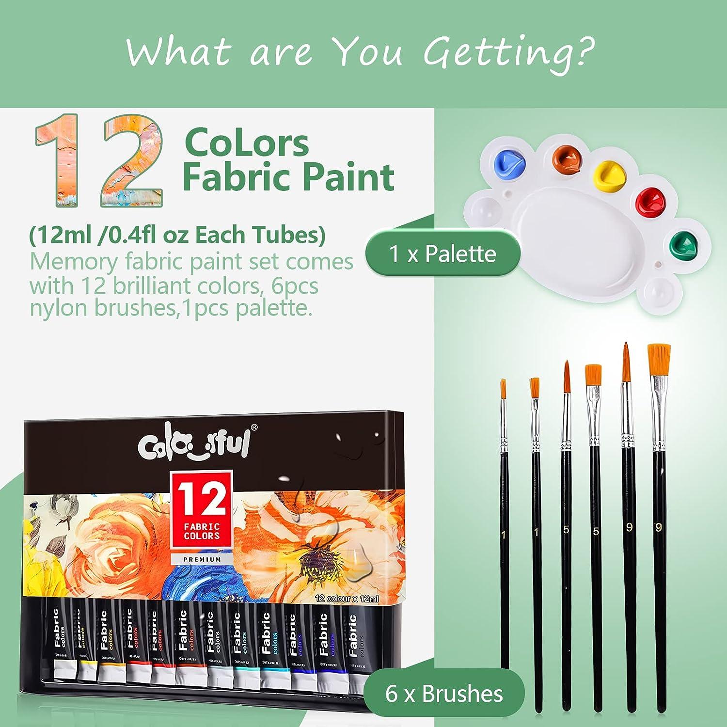 Colorful Fabric Paint Set | 12 Colors, 6 Brushes, 1 Palette | Permanent ...