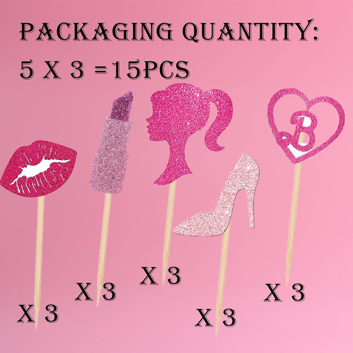 15Pcs Pink Cupcake Toppers and Pink Glitter Girls Cupcake Topper for ...