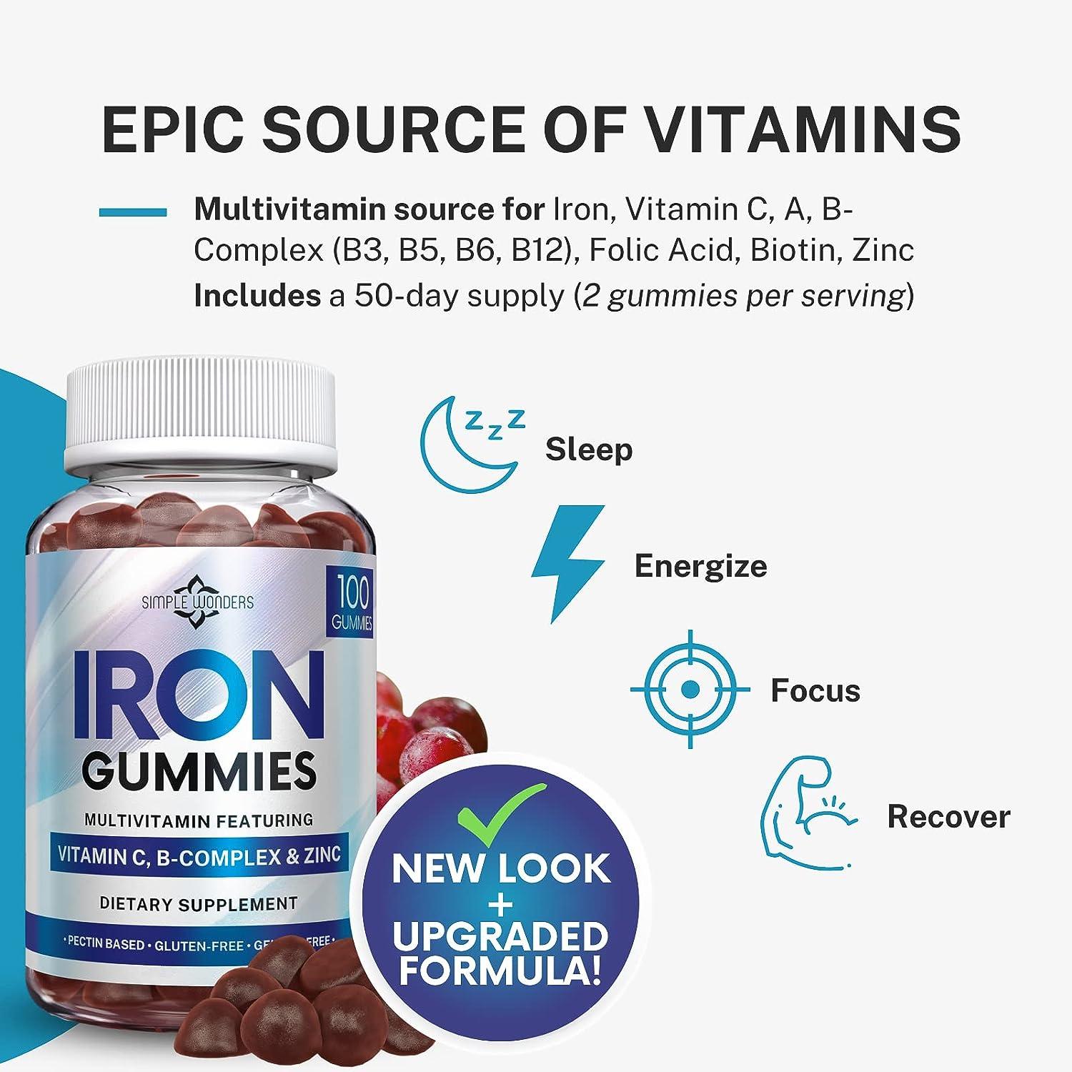 Iron Gummies with Vitamin C, B Complex, Biotin & Zinc - 100 Chewable ...