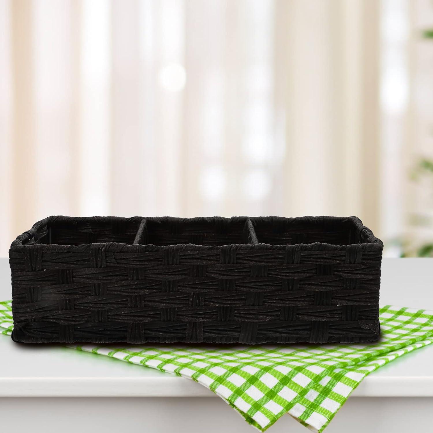 STOBOK Black Woven Storage Basket - 3 Compartment Organizer for ...