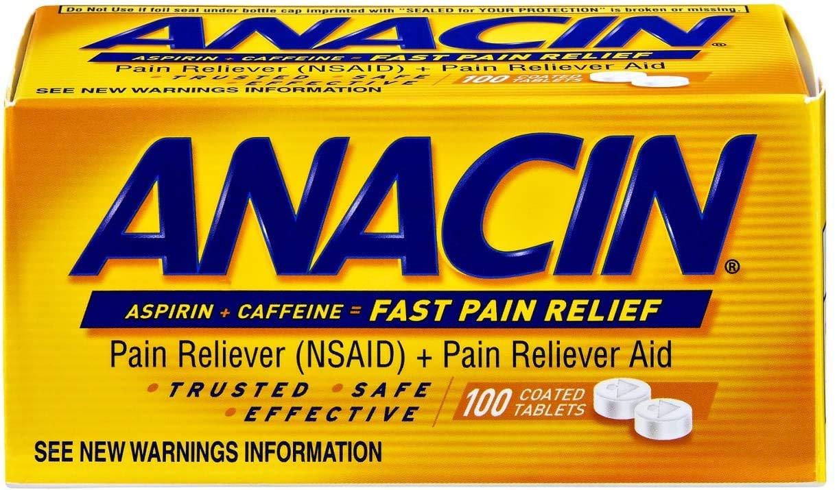 Anacin Aspirin Caffeine Pain Reliever 100 Tablets - Fast Acting NSAID ...