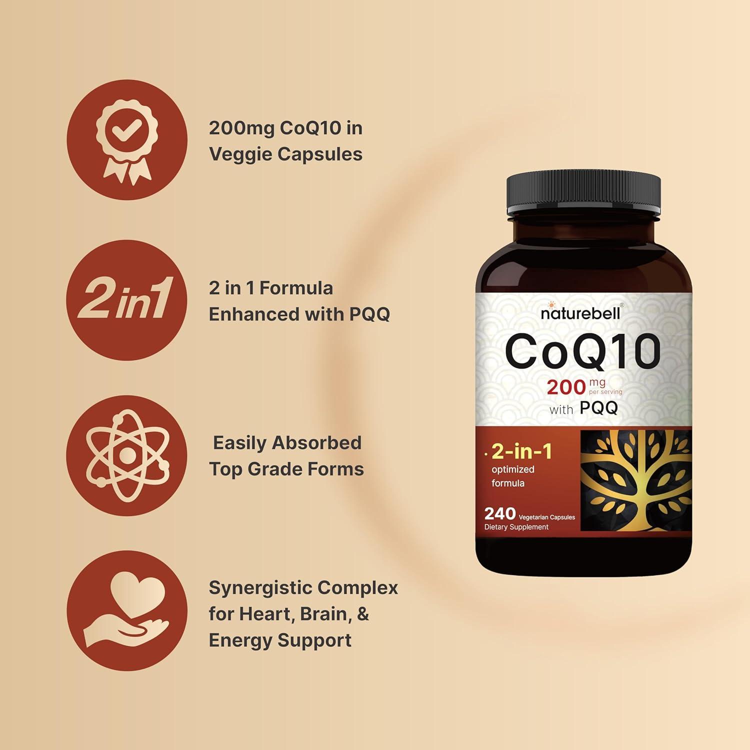 NatureBell CoQ10 200mg with PQQ - 240 Veggie Capsules | High Potency ...
