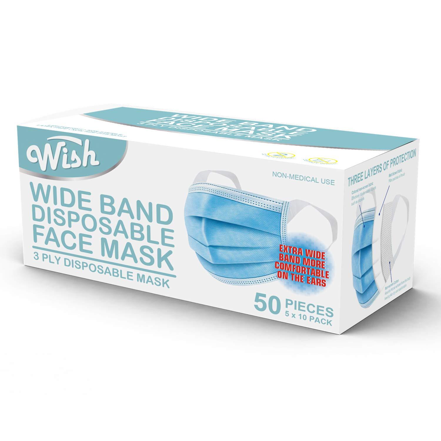 Wish Disposable Face Masks - Pack of 50 - 3 Ply - Wide Ear Loop for ...