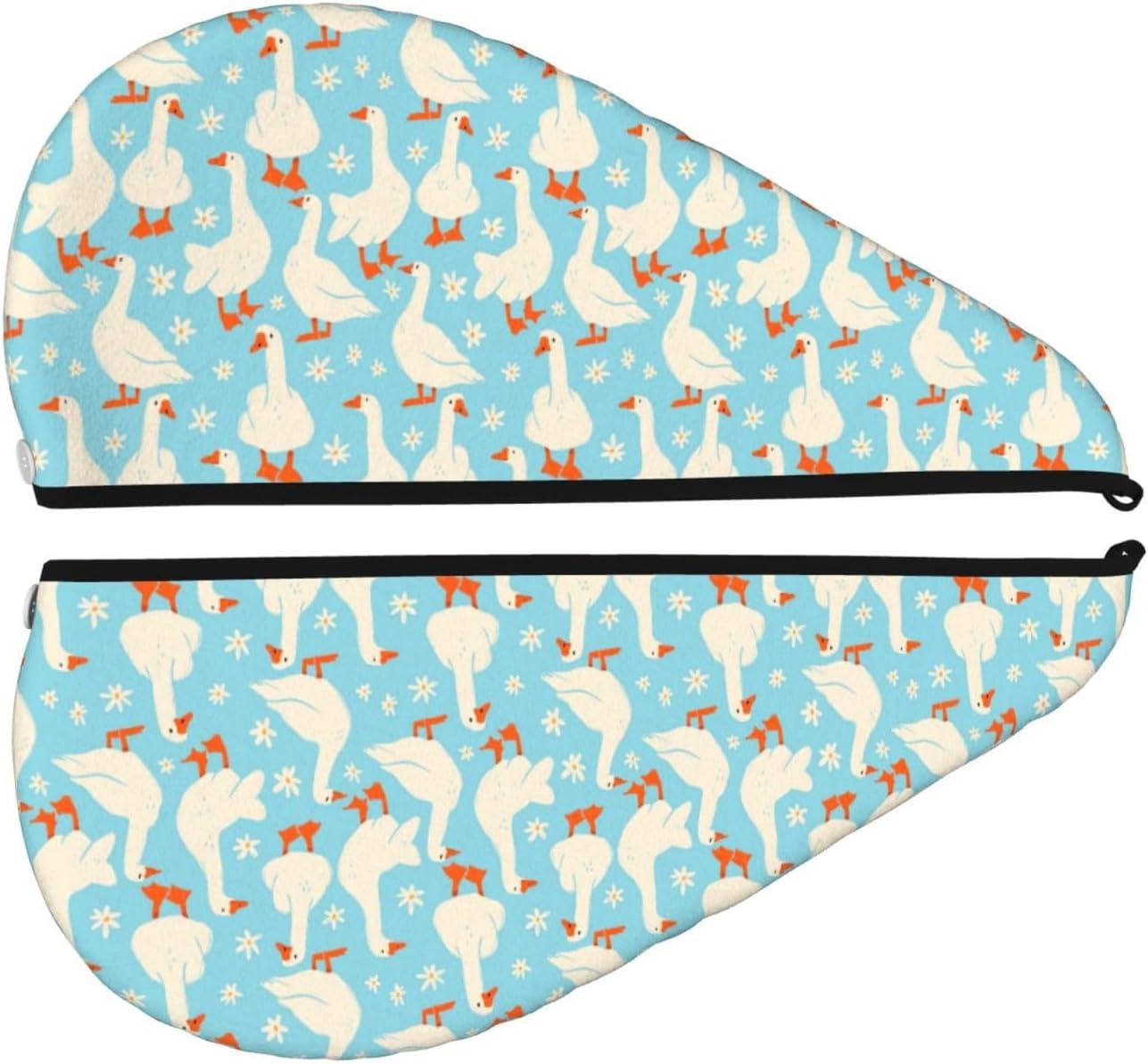 Quick-Dry Hair Towel Wrap | Button Towel Turban | White Geese & Flower ...