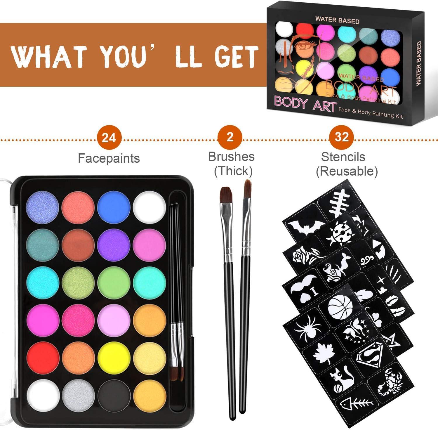 Kids Face Paint Kit - 32 Stencils, 24 Large Water Based Paints, 2 ...
