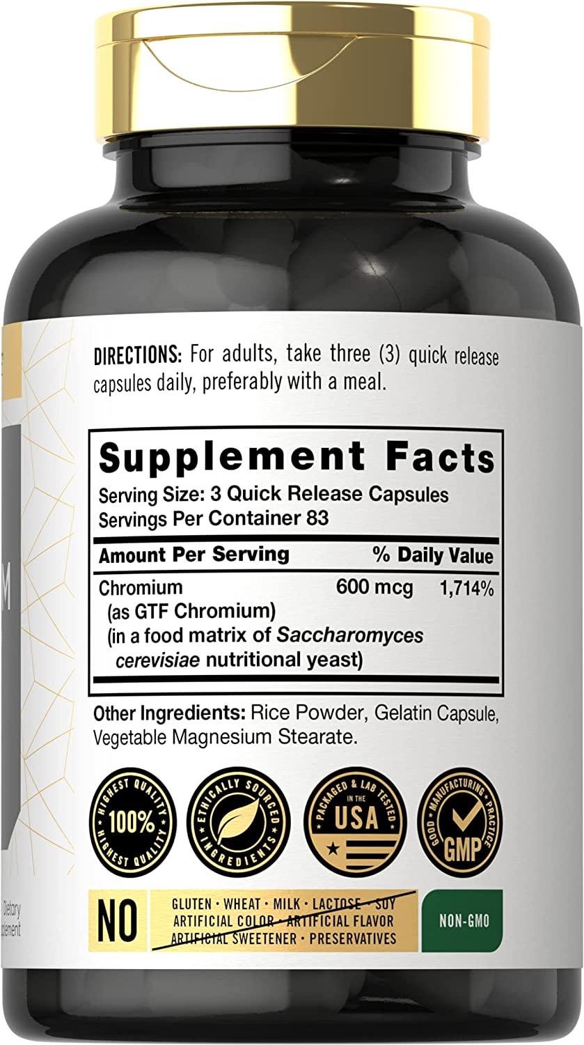 GTF Chromium 600 mcg | 250 Capsules | Glucose Tolerance Factor ...