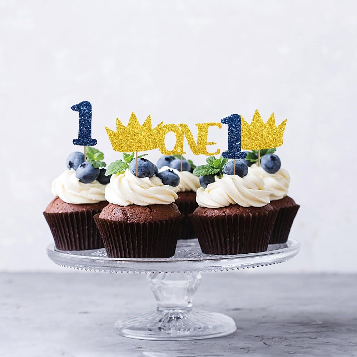 Set of 24 Crown One Cupcake Toppers Blue&Gold Glitter Number 1 Sign ...
