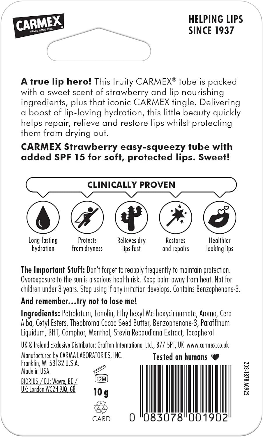 Carmex Strawberry Lip Balm Tube 10g - Pack of 1 | Moisturizing Strawberry Lip Care | Buy Now ...