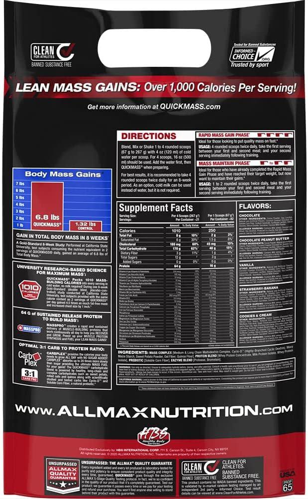 ALLMAX Nutrition QuickMass Cookies & Cream 12lb - High-Calorie Weight ...