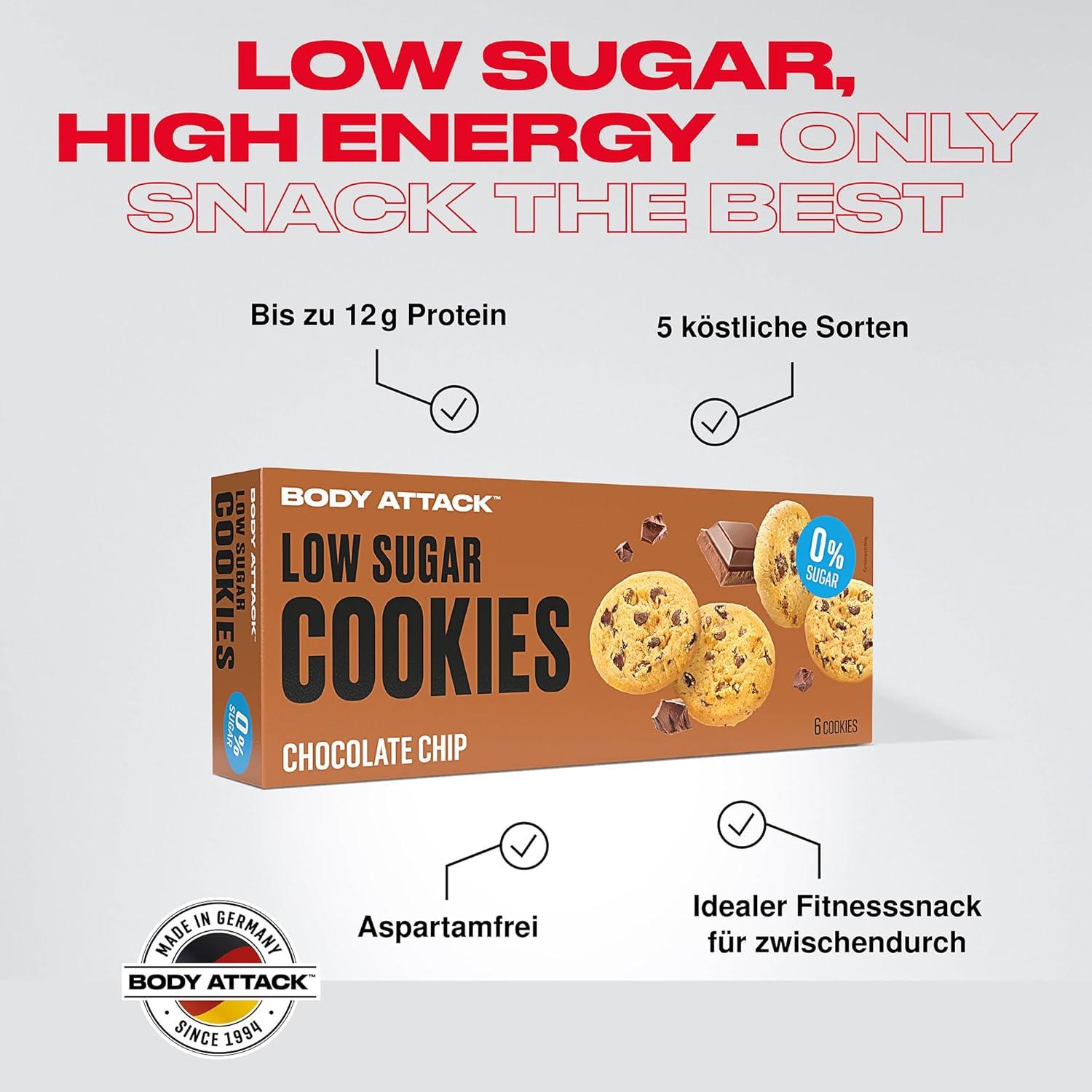 Body Attack Low Sugar Chocolate Chip Cookies - 130g | Delicious Protein ...