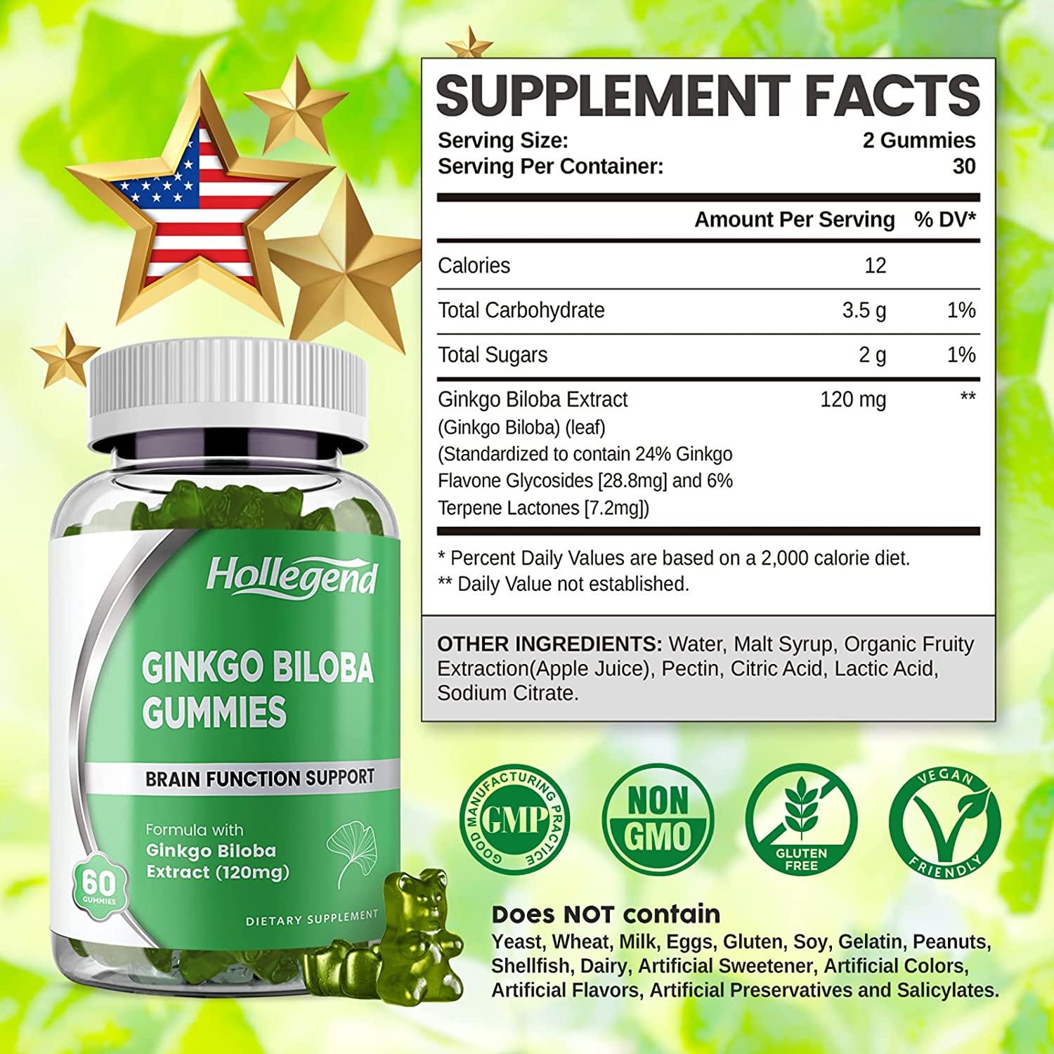 Ginkgo Biloba 120mg Gummies - Organic Brain Boost & Blood Circulation ...