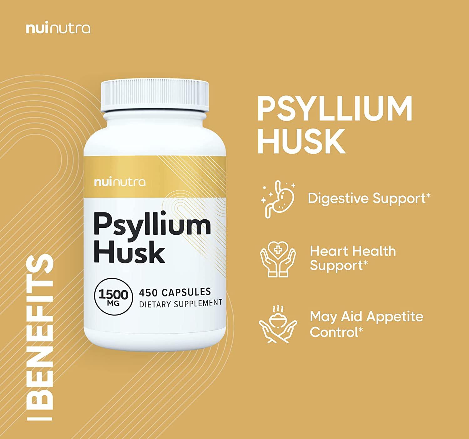 Nui Nutra Psyllium Husk Supplement 1500mg 450 Capsules - Soluble Fiber ...