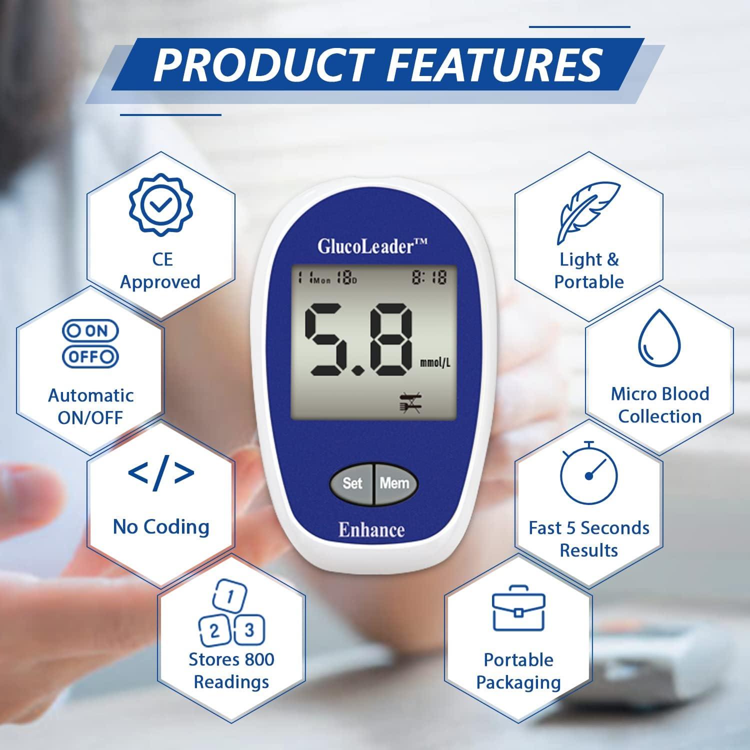 GlucoLeader Enhance Blood Sugar Monitor Kit - 800 Memory Diabetes ...