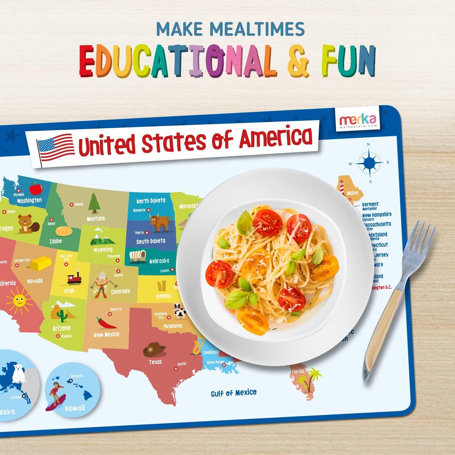 merka Kids Silicone US Geography Map Placemat - Reusable US Map with ...
