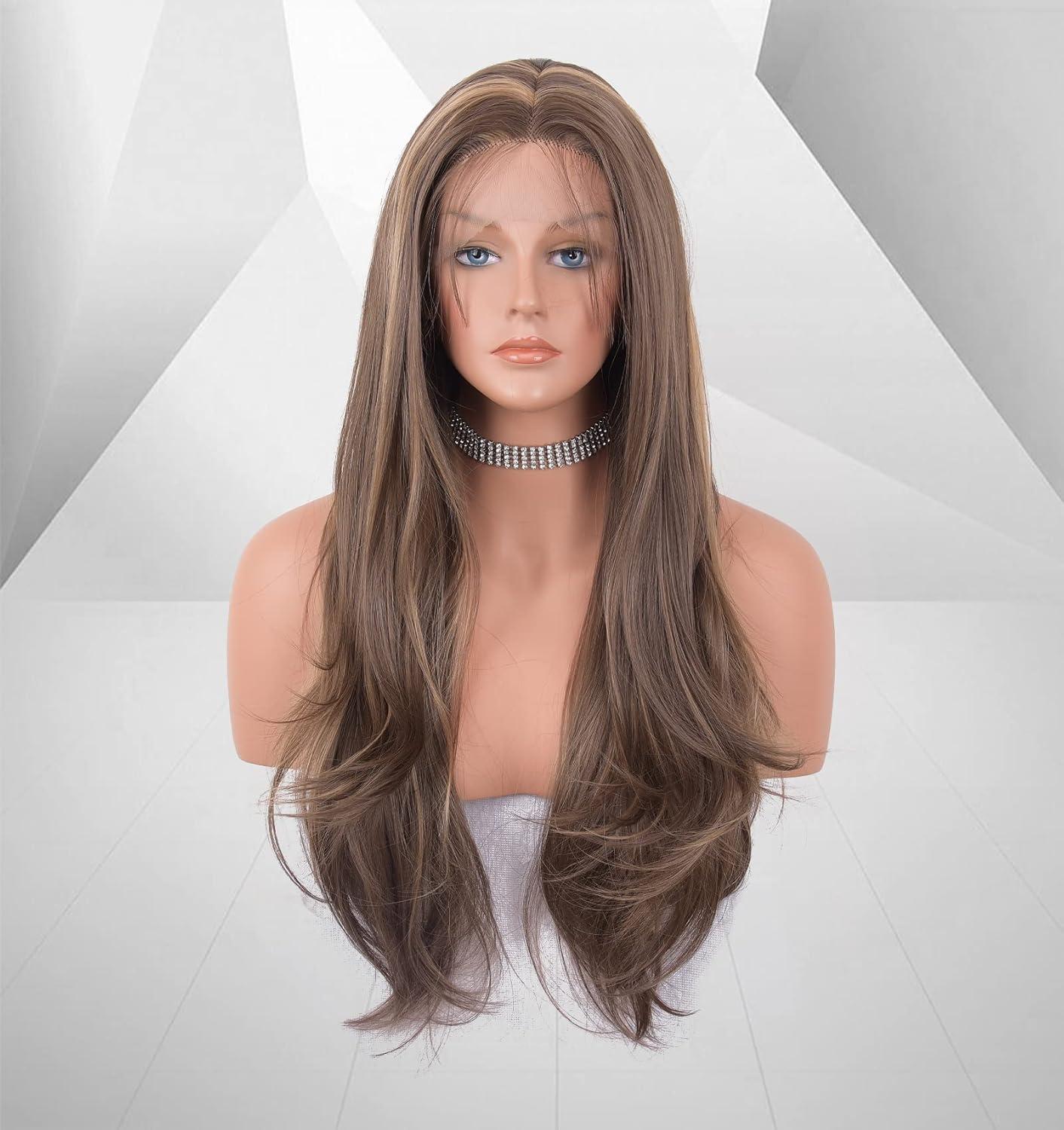 Vebonny 22-Inch Dark Brown & Blonde Highlights Lace Front Wig - Synthetic Straight Wig #097 ...